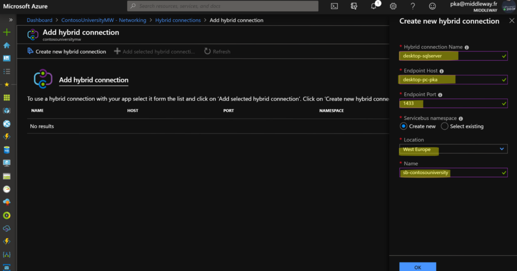MiddleWay - Using Azure Hybrid Connections