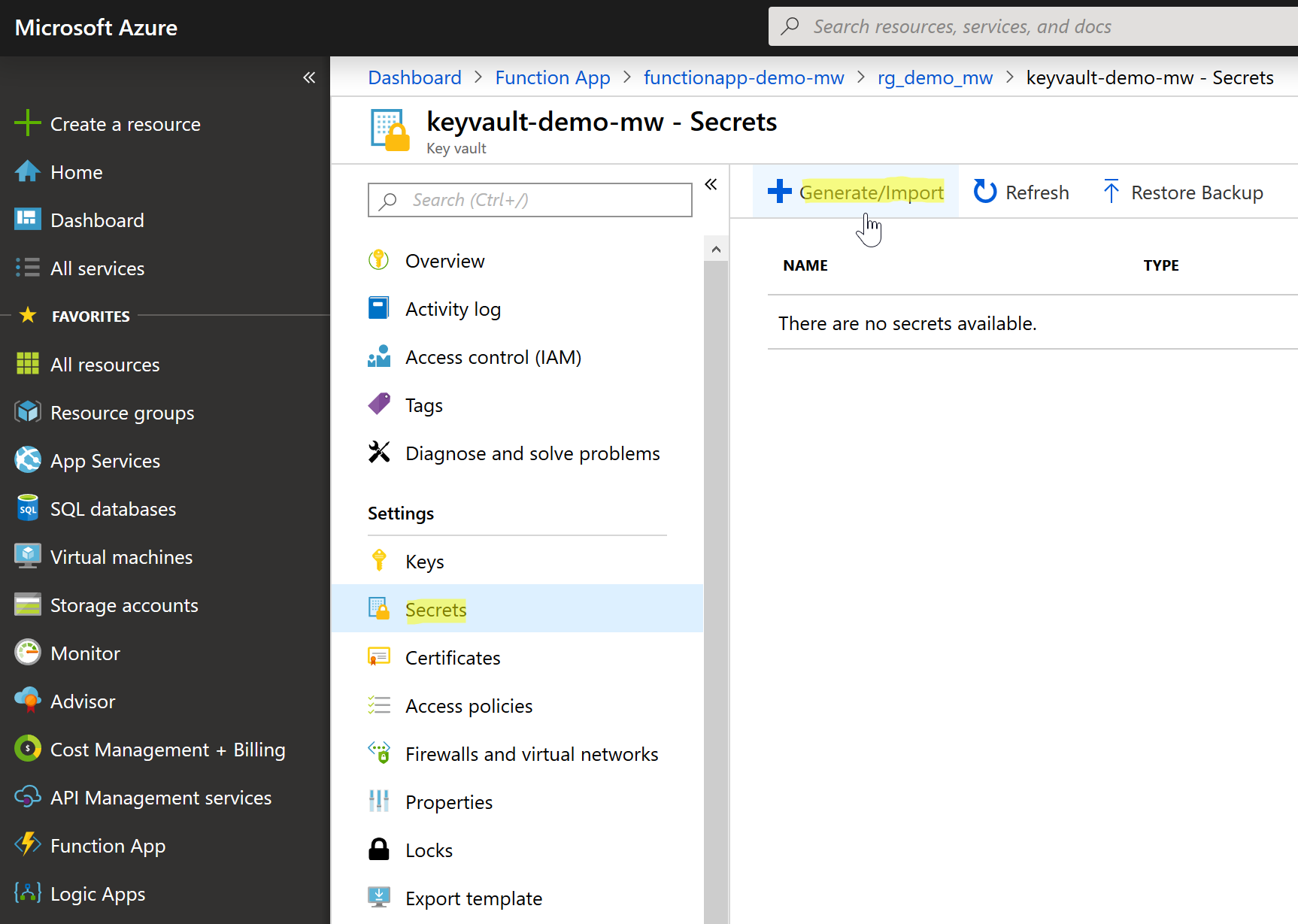 MiddleWay - Accessing Azure Key Vault from Azure Function