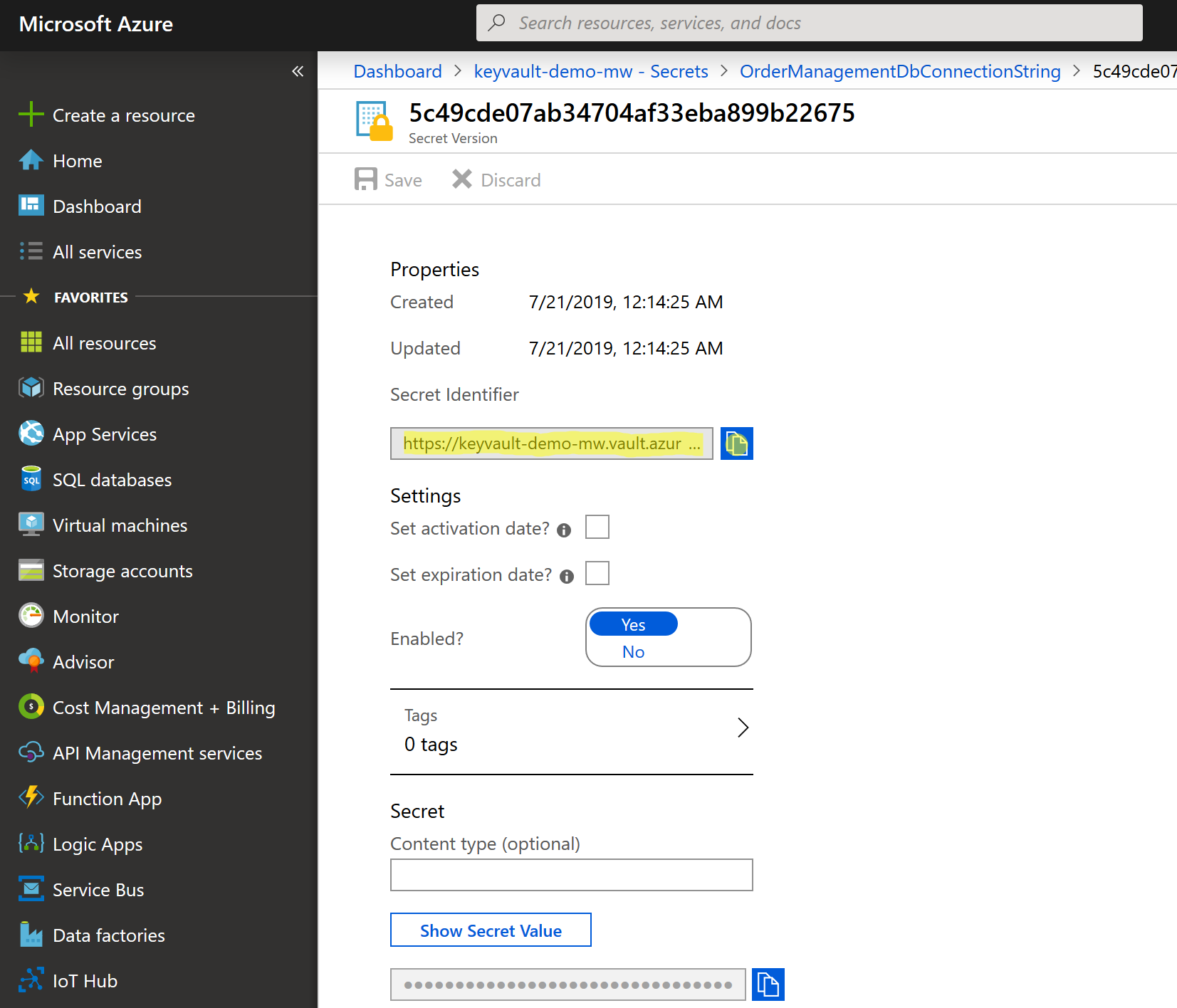 MiddleWay - Accessing Azure Key Vault from Azure Function