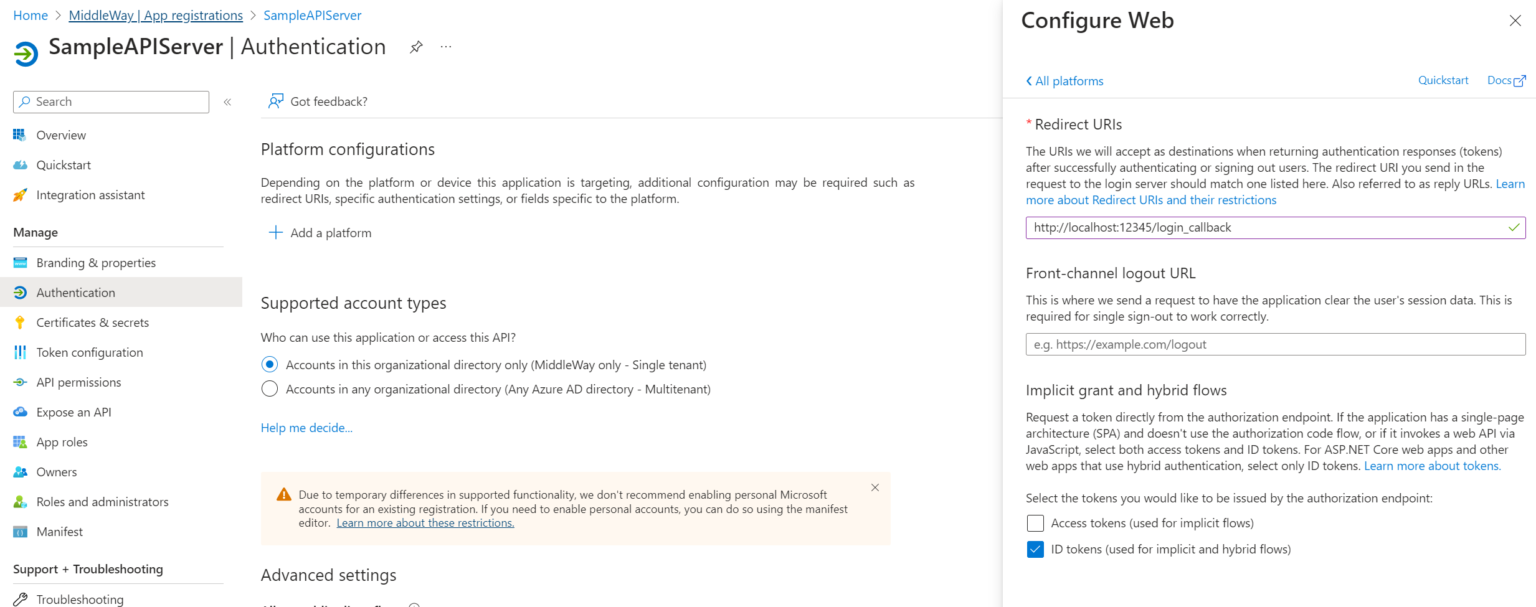 MiddleWay - OAuth Authorization Code with Azure AD